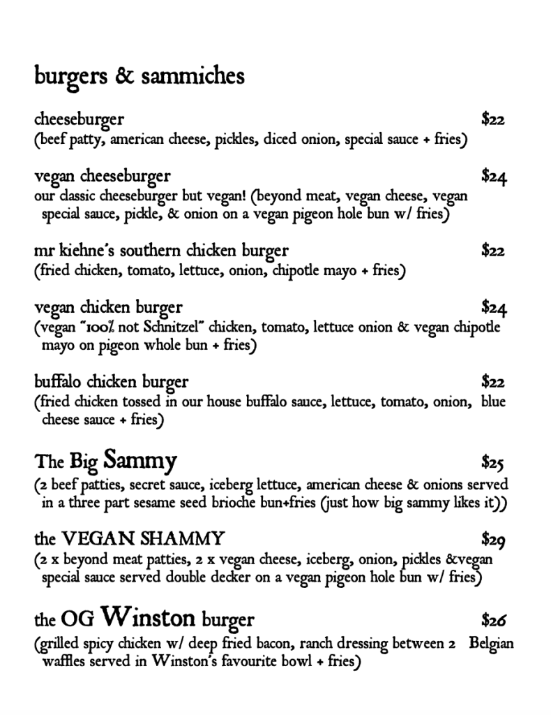 Menu | The Winston Bar
